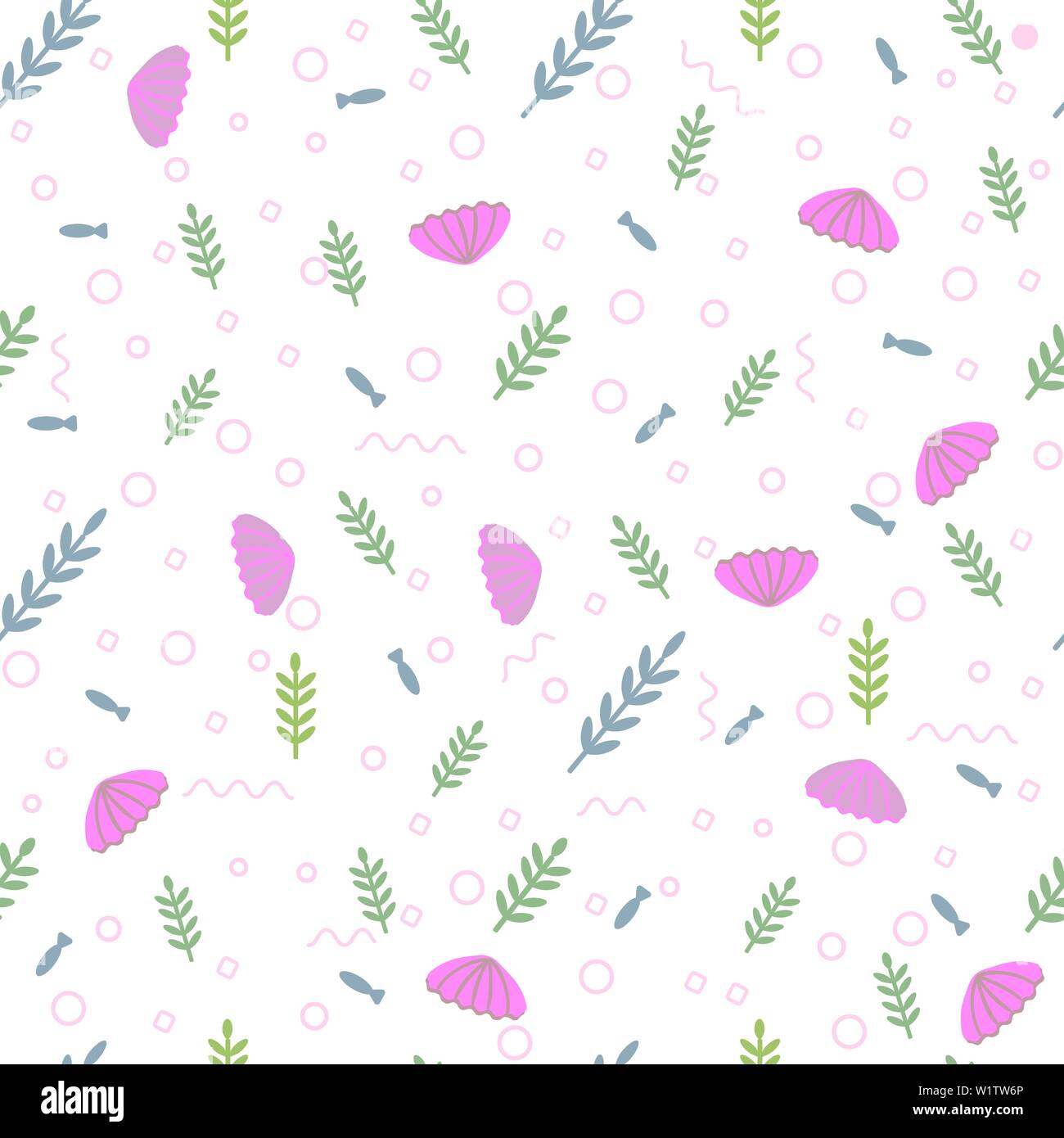 Pink Seashell Seamless pattern background design with small fish, algae ...