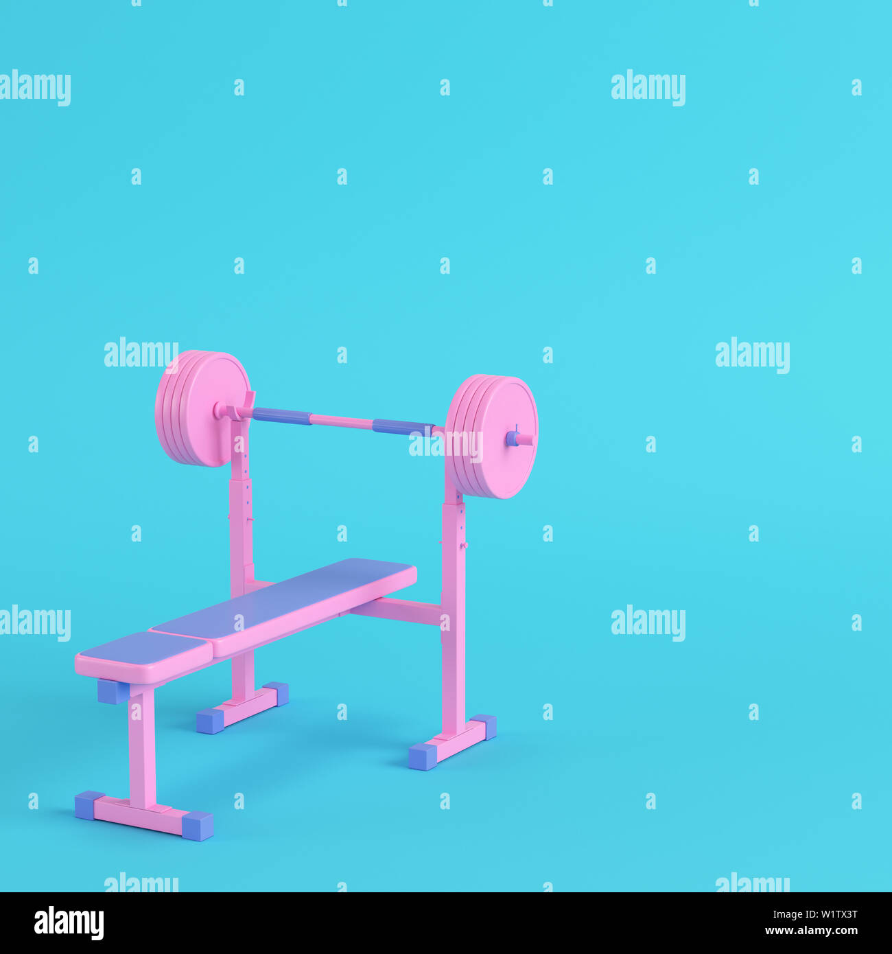 Pink barbell with bench bright blue background in pastel colors ...