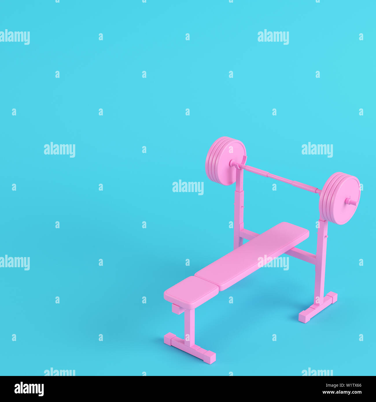 Pink barbell with bench bright blue background in pastel colors ...