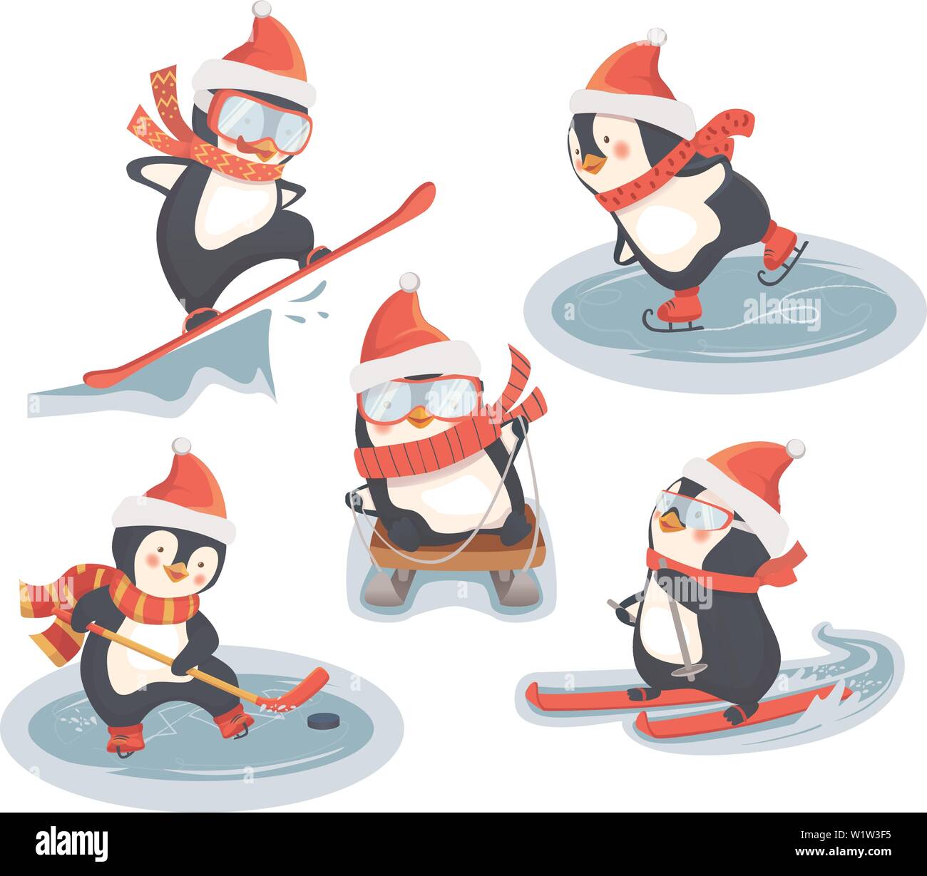 Christmas penguins in winter. Winter sports. Childrens sports concept ...