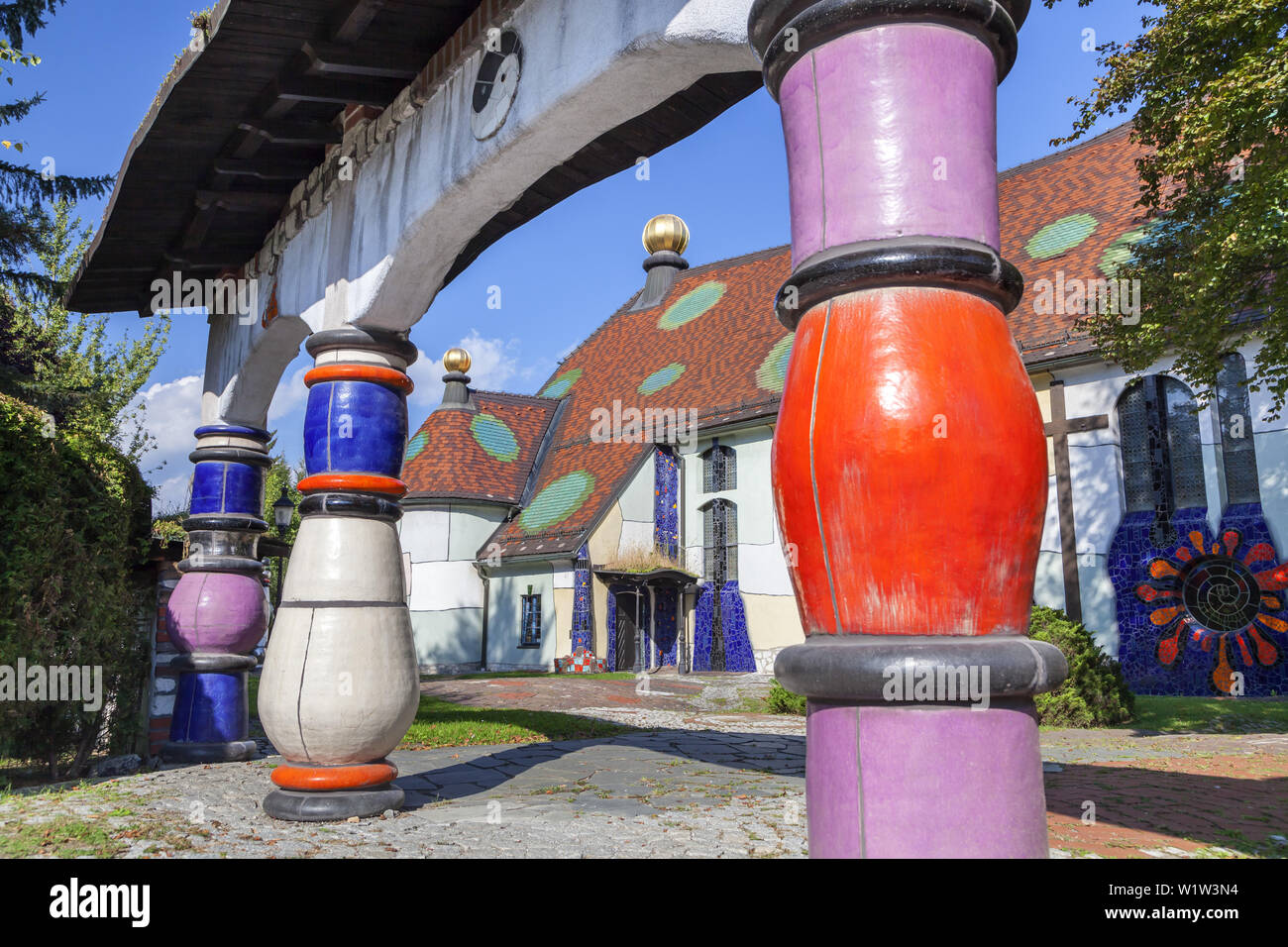Street view of Hundertwasser church in Bärnbach, Styria, Austria ...