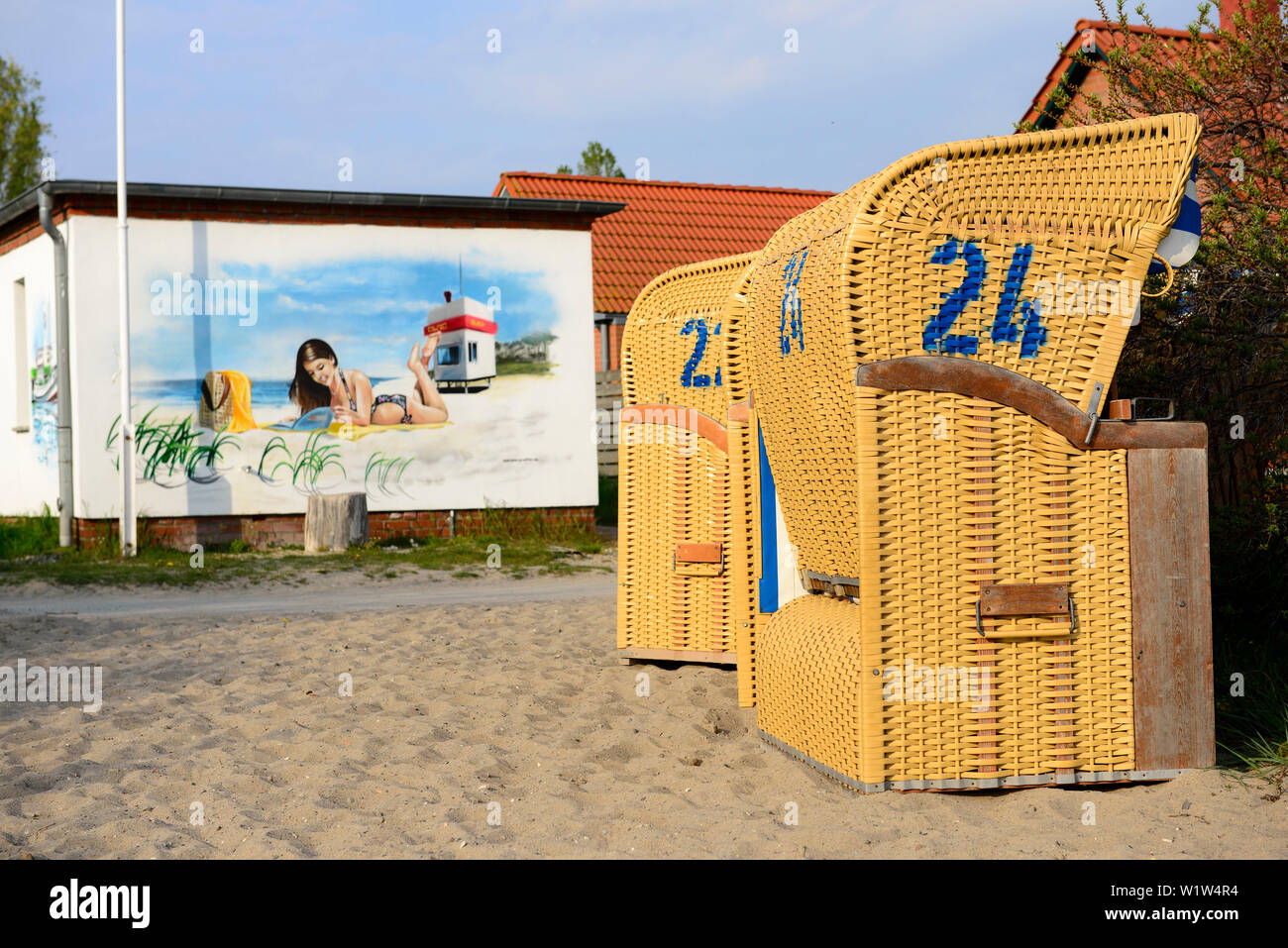 Beach with beach chairs and mural of Timmendorfer Strand, Insel Poel ...