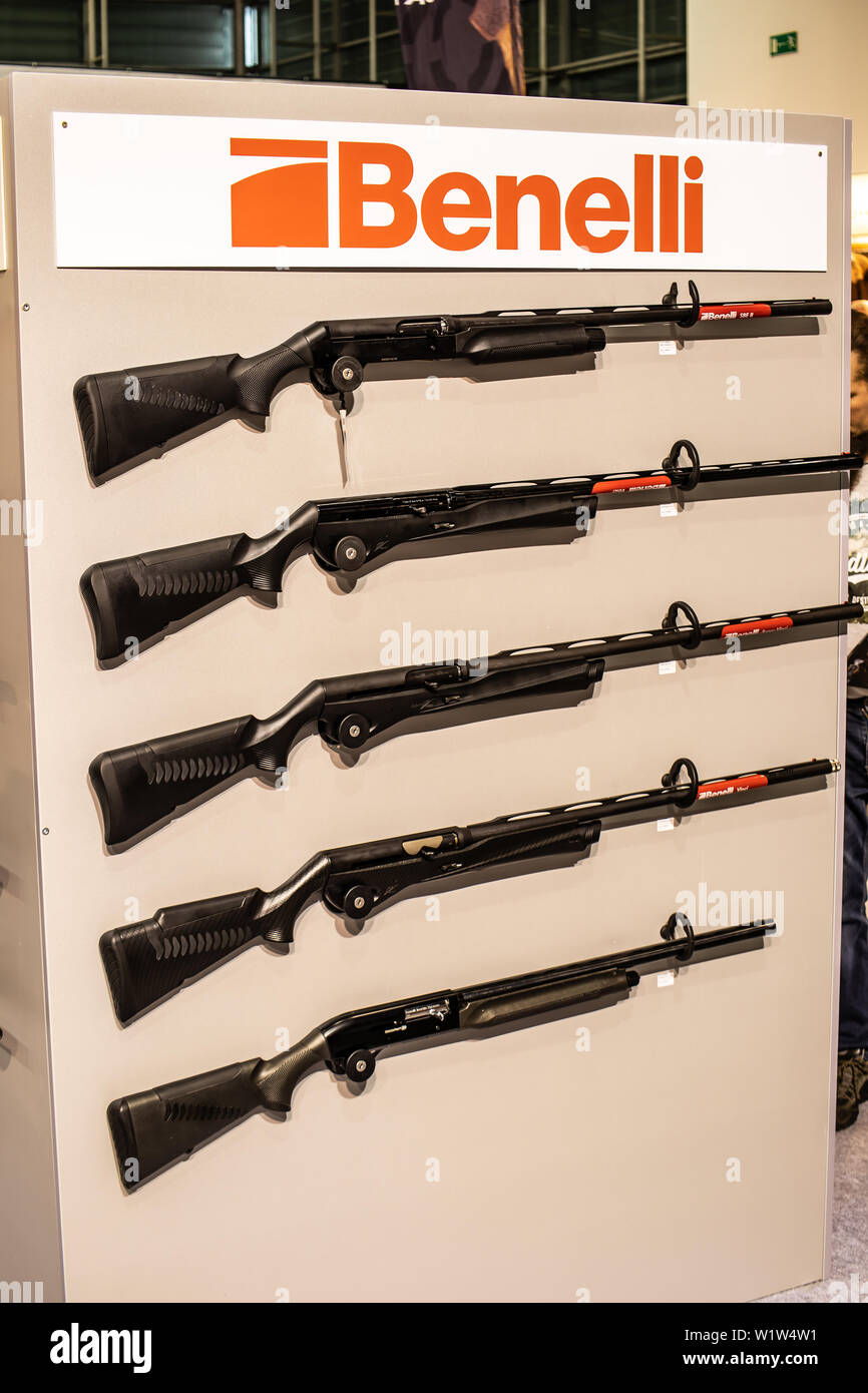 Poznan, Poland, Feb 2019 Benelli shotguns, manufactured by Italian ...