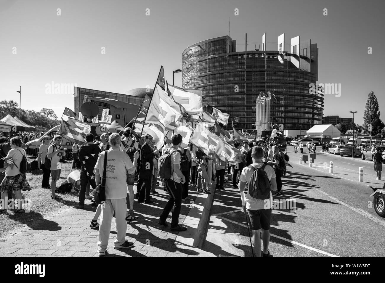 Strasbourg, France - Jul 2 2019: Large crowd of people holding Flag of ...