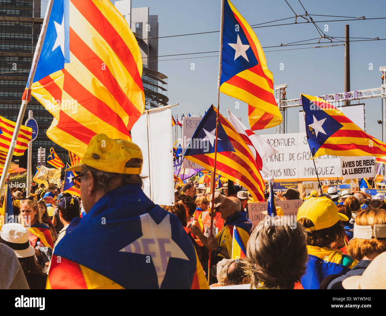 Strasbourg, France - Jul 2 2019: Group of people holding Estelada ...