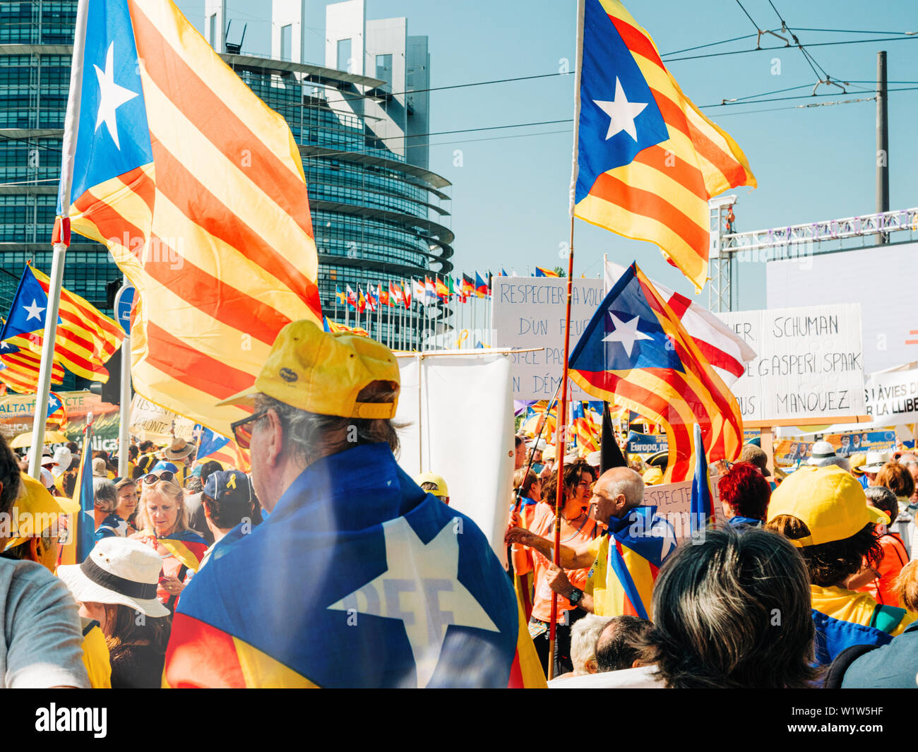 Strasbourg, France - Jul 2 2019: Group of people holding Estelada ...