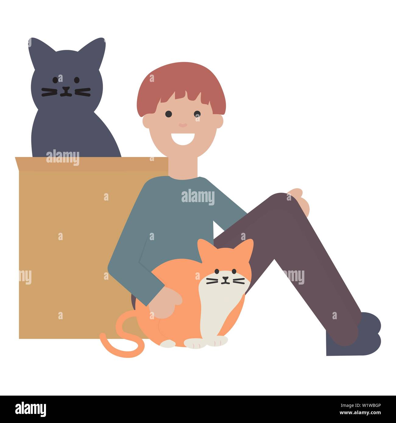 young man with cute cats mascots vector illustration design Stock ...