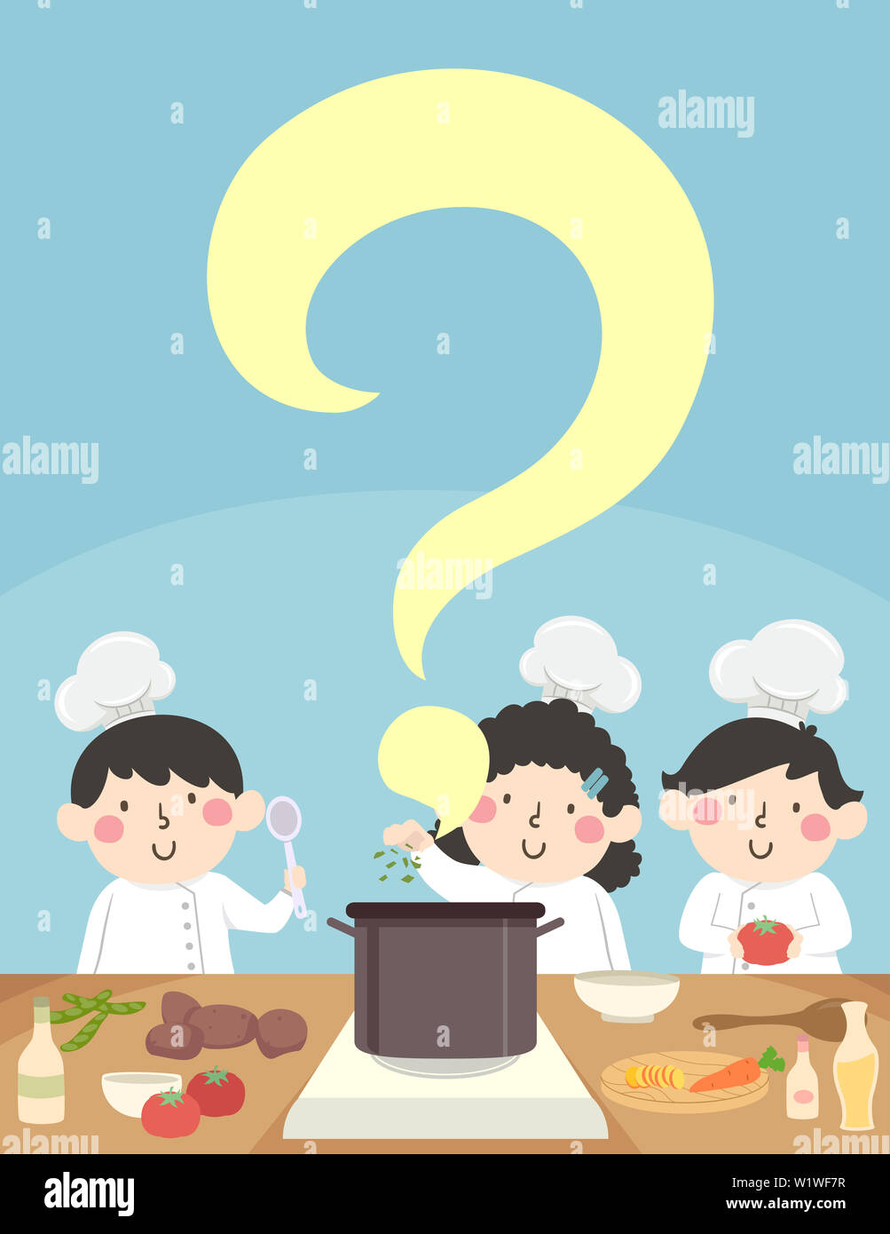 Illustration of Kids Chef Cooking, a Big Question Mark with Ingredients ...