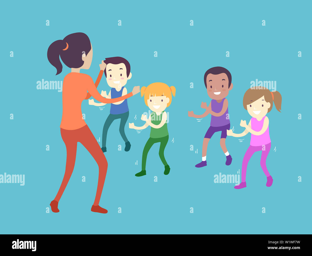 Illustration of a Girl Teacher Teaching Kids To Exercise In Class Stock ...