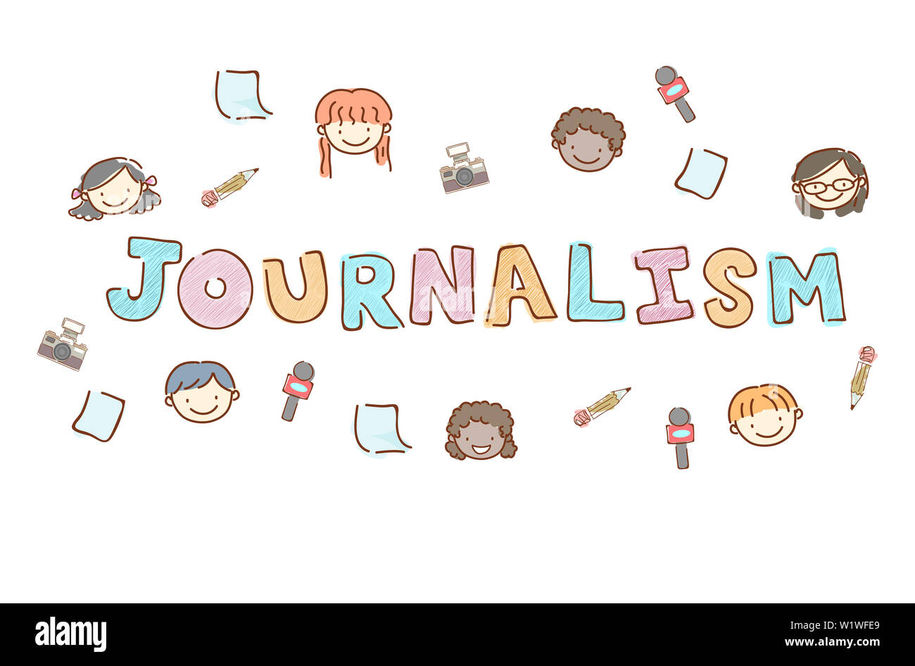 Illustration of Stickman Kids Face with Journalism Lettering and ...