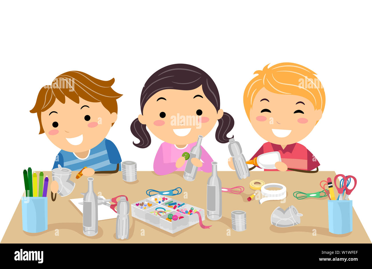 Illustration of Stickman Kids Making Upcycle Art from Recyclable ...