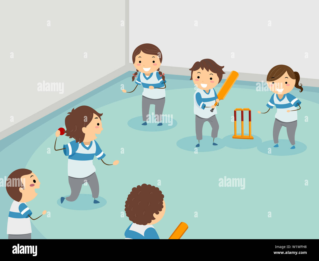 Illustration of Stickman Kids Playing Indoor Cricket Stock Photo - Alamy