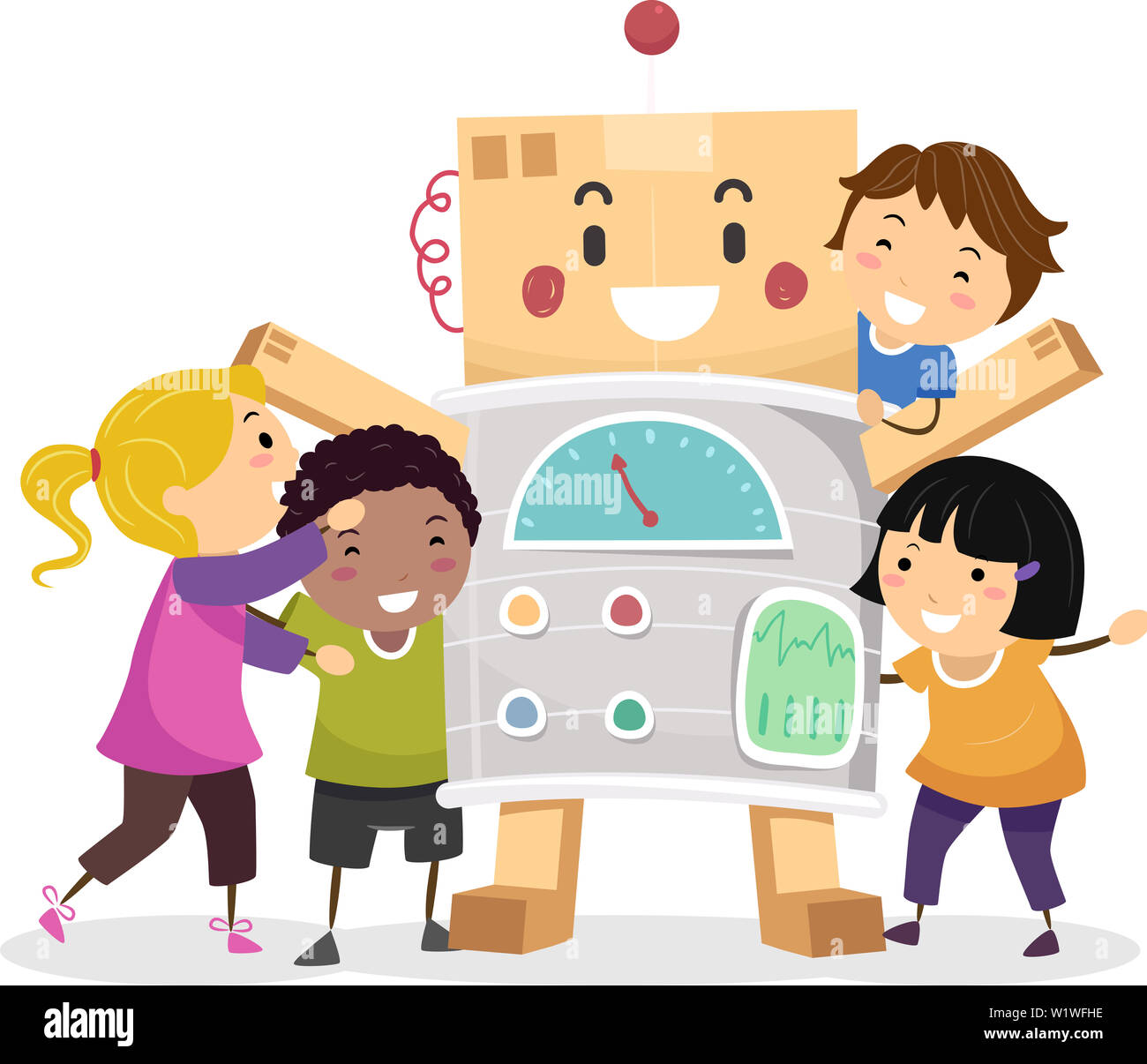 Illustration of Stickman Kids Hugging an Upcycled Robot Mascot with ...