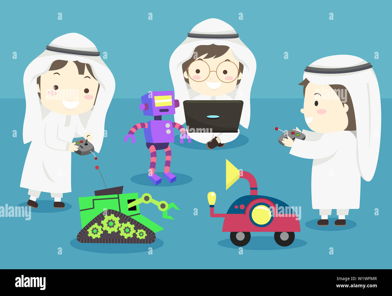 Illustration of Muslim Kids Boys Playing with Robots and Using a Laptop ...