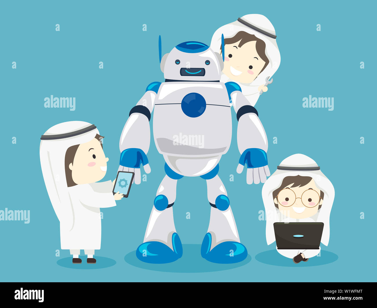 Illustration of Muslim Kids Boys with Laptop, Mobile Phone and a Robot ...