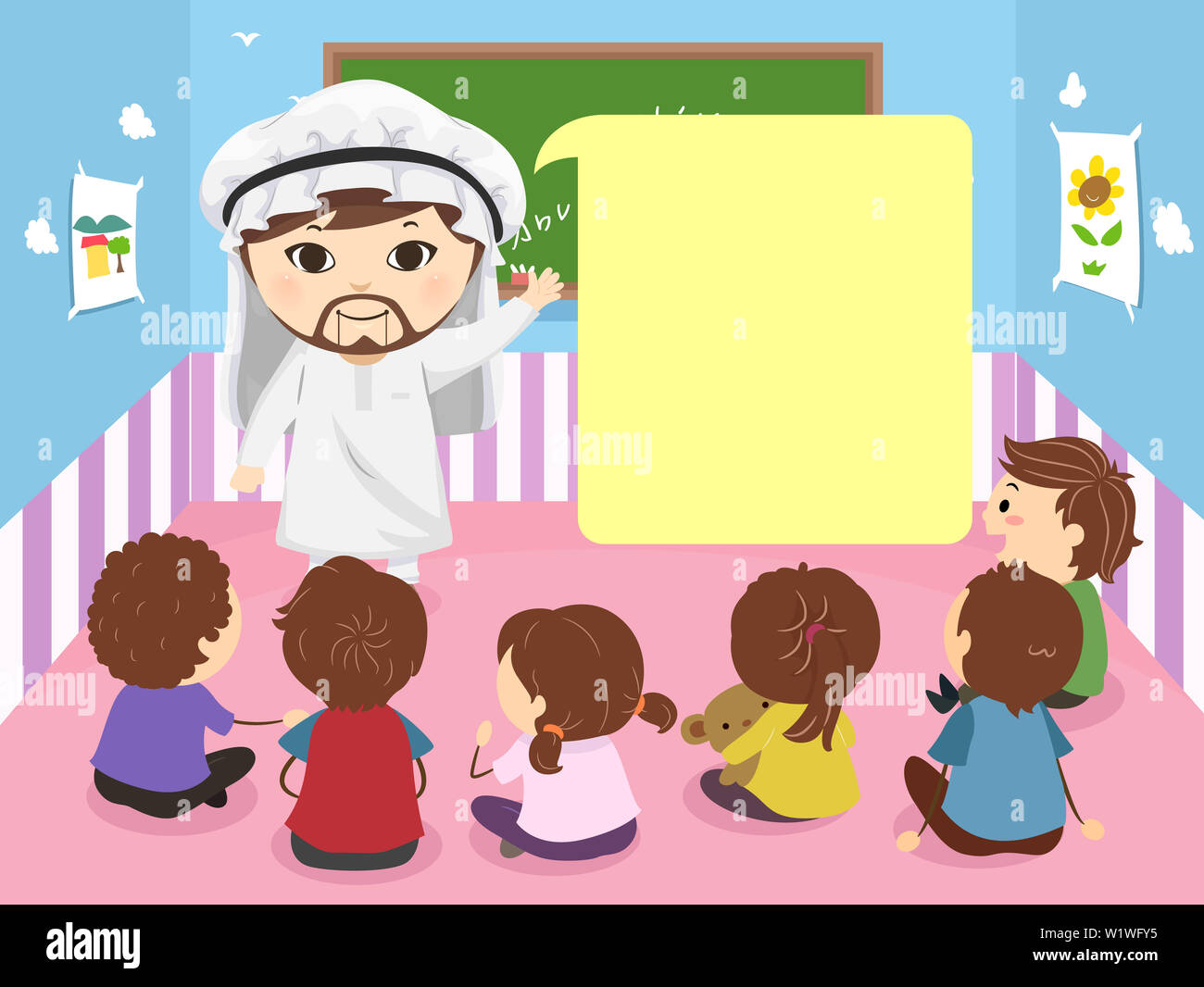 Illustration of Stickman Kids Listening to an Arab Mascot with Blank ...