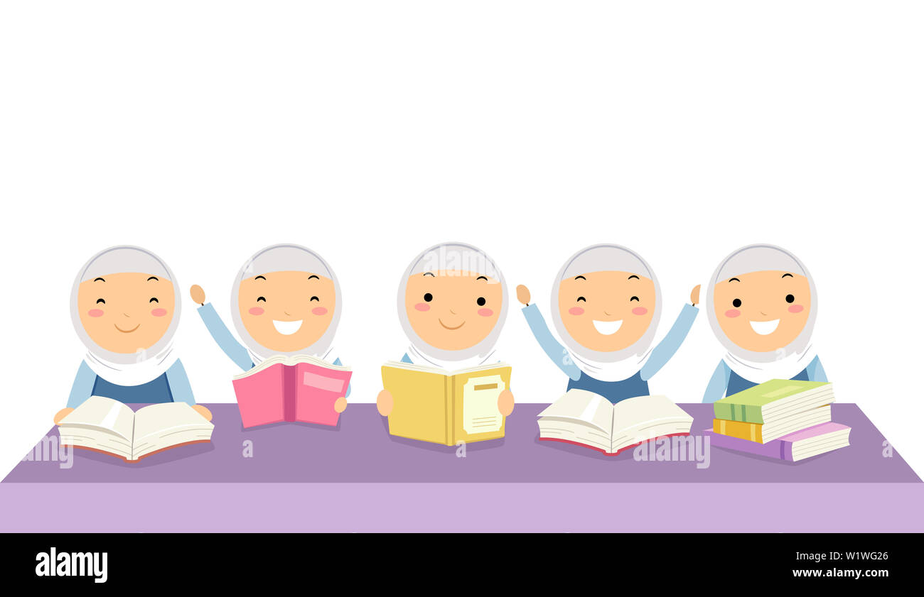 Illustration of Stickman Kids Girls Sitting Down in Classroom Reading a ...