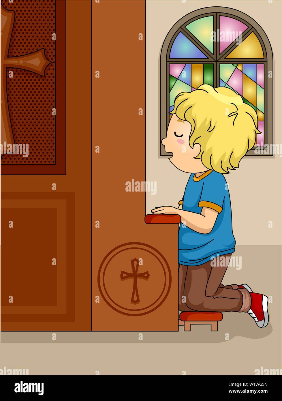 Illustration of a Kid Boy Kneeling Down the Confessional Inside Church ...
