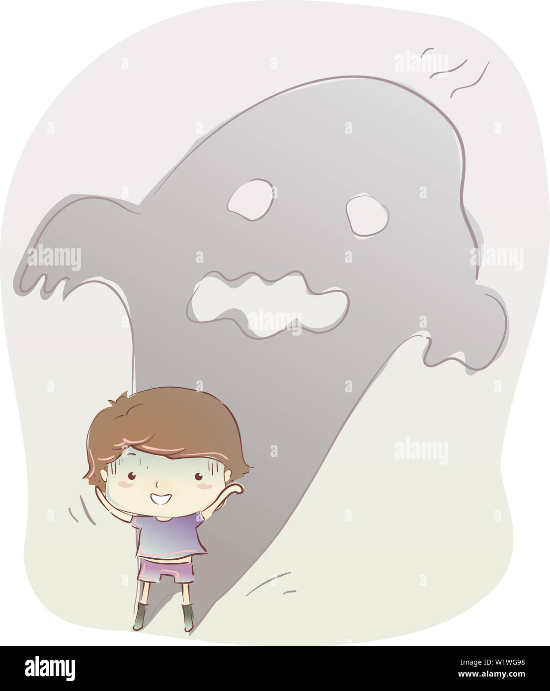 Illustration of a Scared Kid Boy with Arms Up and with a Ghost Shadow ...