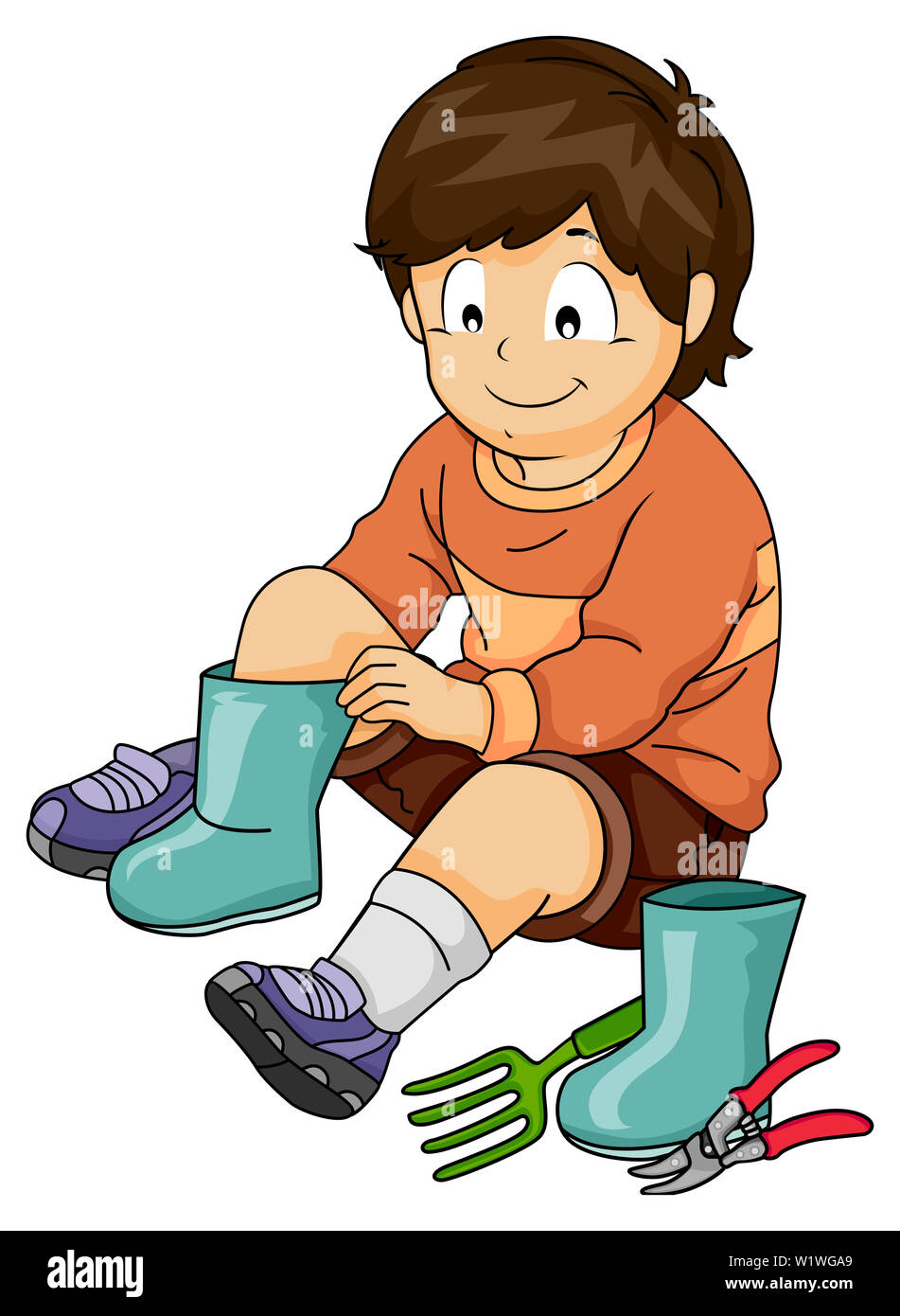 Illustration of a Kid Boy Putting on Garden Boots with Fork and Pruning ...