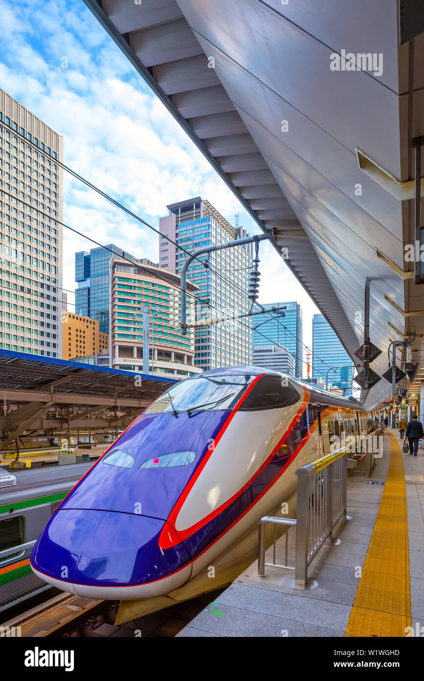 Tokyo, Japan - April 27 2018: Japanese Shinkansen high speed train at a ...