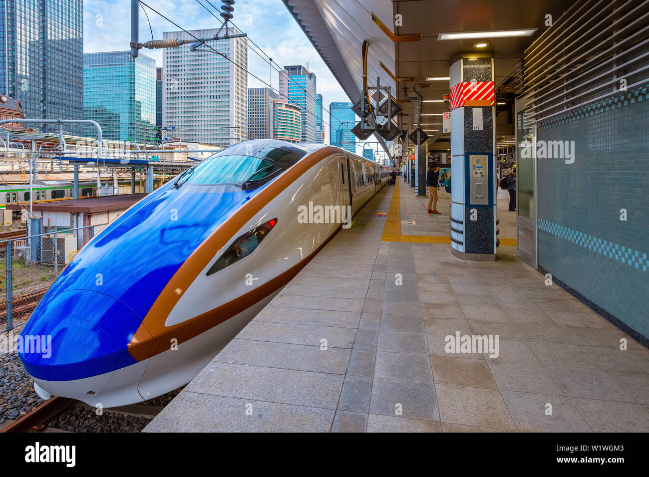 Tokyo, Japan - April 27 2018: Japanese Shinkansen high speed train at a train station Stock ...
