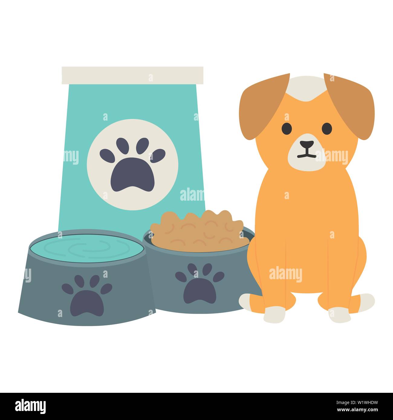 little dog adorable with dishes food and water vector illustration ...