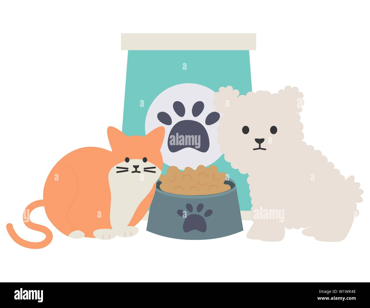 cute cat and dog mascots with food bag vector illustration design Stock ...