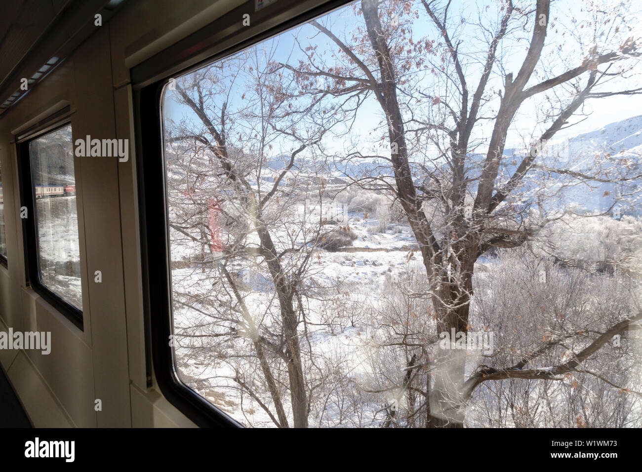 Snowy landscape from the train window Stock Photo - Alamy