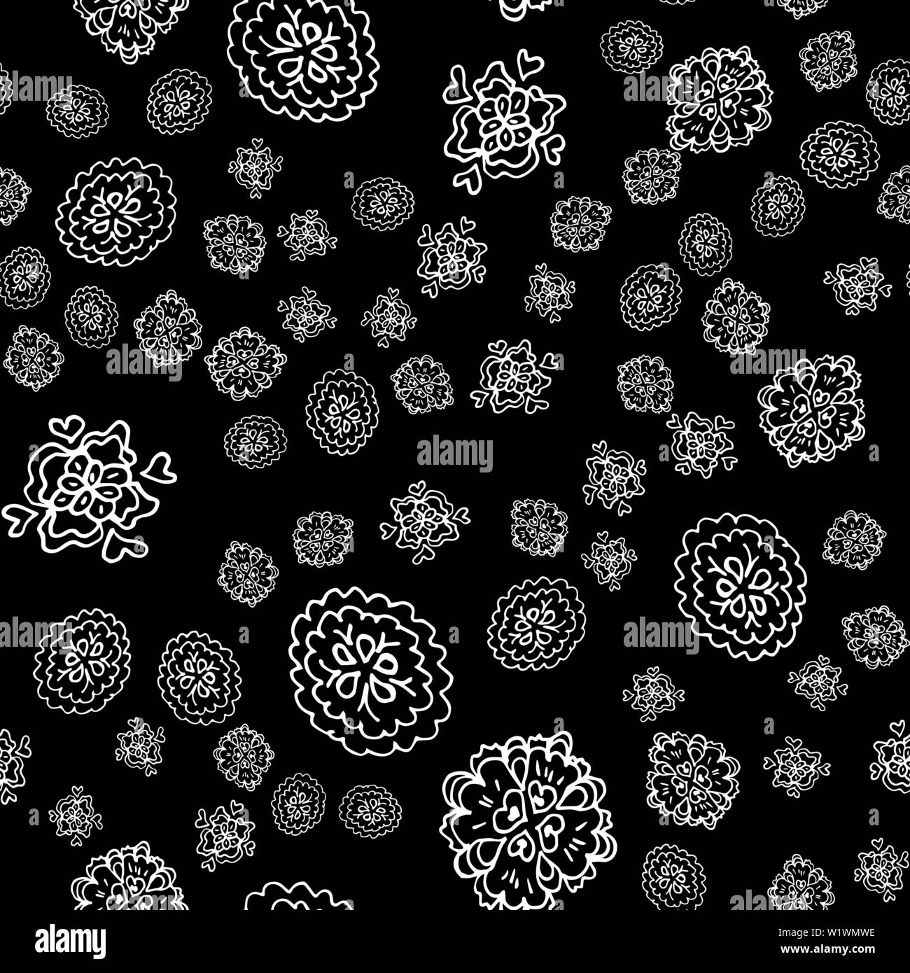 Outline doodle seamless flowers in line art style on black background ...