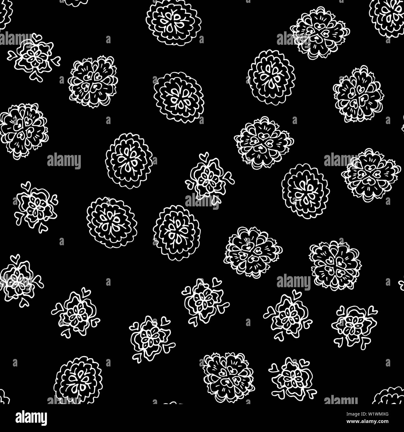 Outline doodle seamless flowers in line art style on black background ...