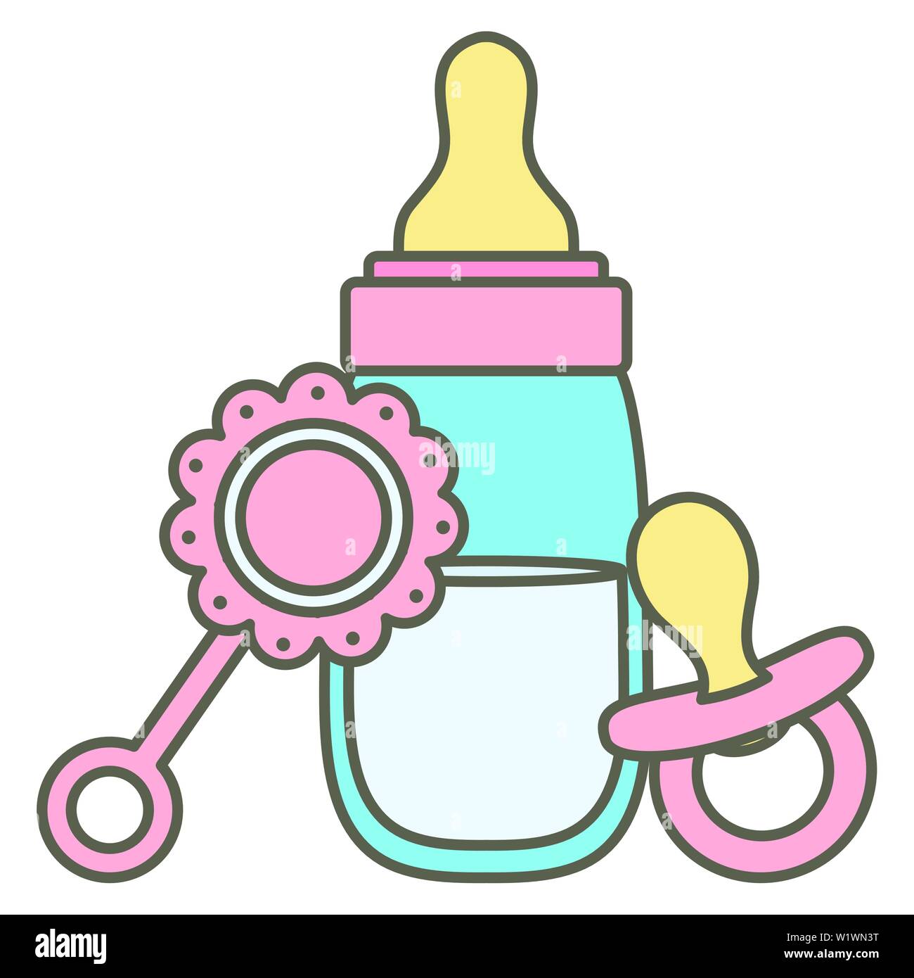 baby bottle milk with maraca and pacifier vector illustration design ...