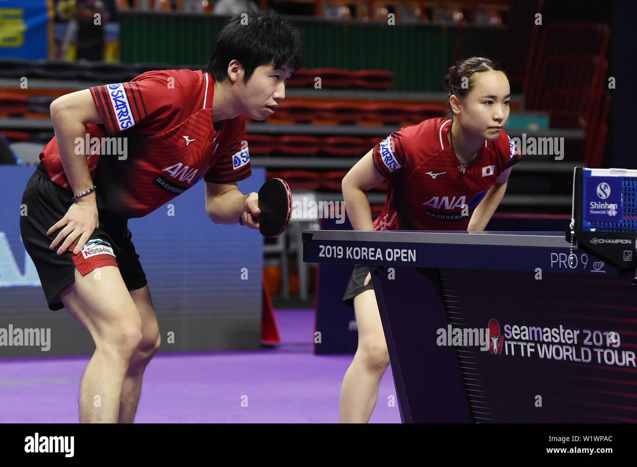Busan, South Korea. 4th July, 2019. Jun Mizutani (JPN), Mima Ito (JPN ...