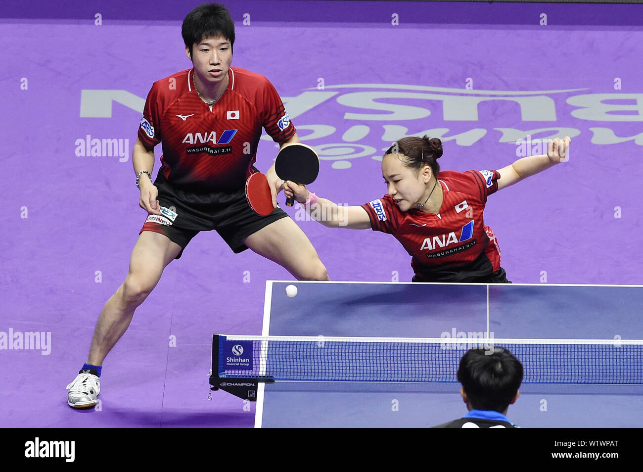 Busan, South Korea. 4th July, 2019. Jun Mizutani (JPN), Mima Ito (JPN ...