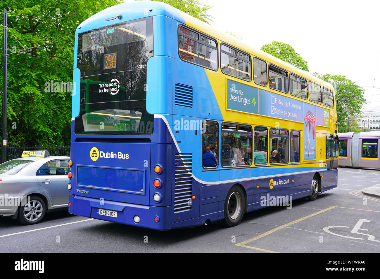 DUBLIN, IRELAND -4 MAY 2019- View of a blue public transportation bus ...