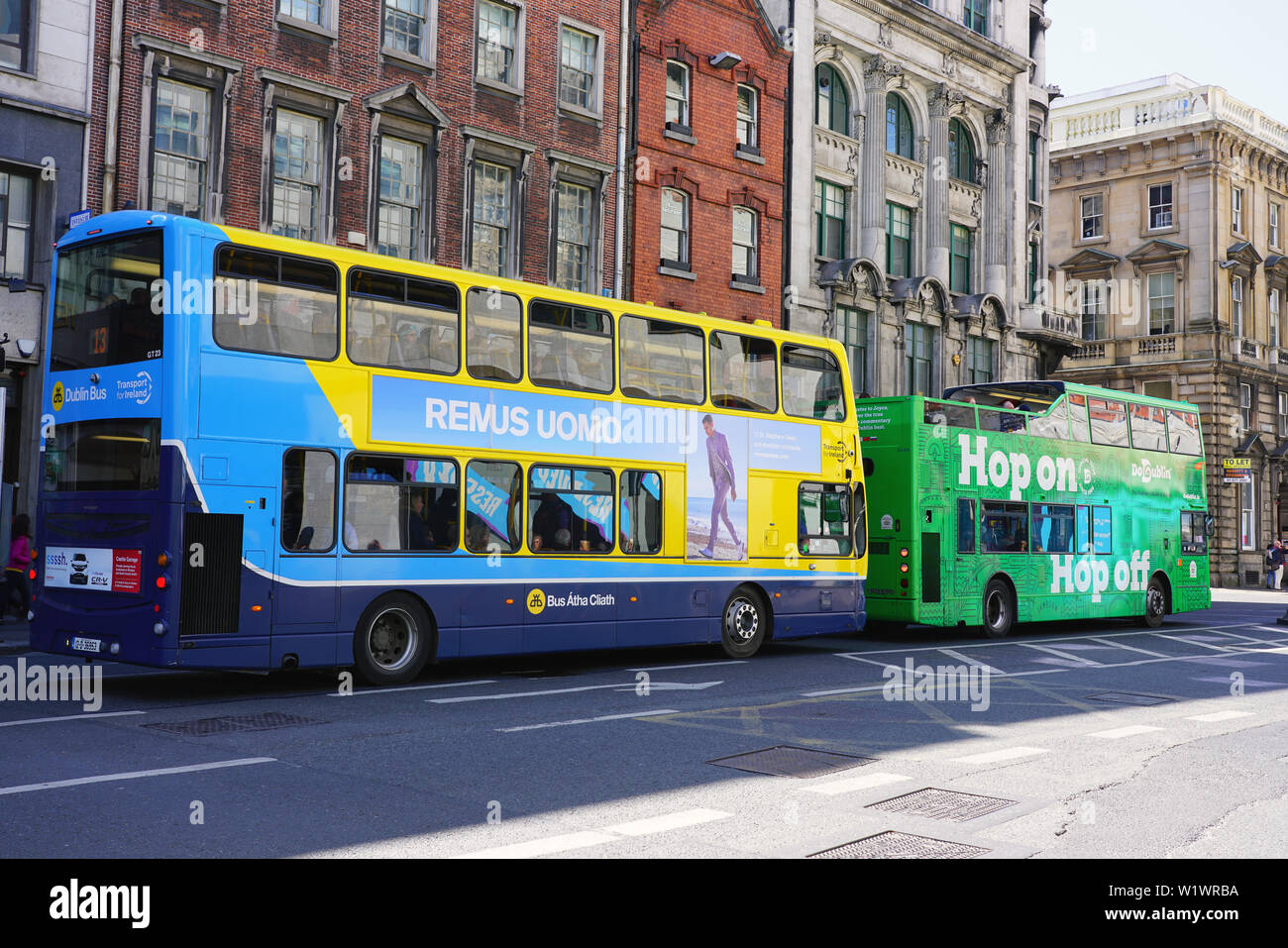 DUBLIN, IRELAND -4 MAY 2019- View of a blue public transportation bus ...