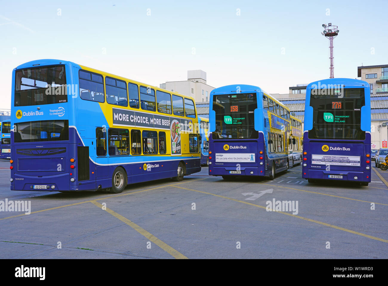 DUBLIN, IRELAND -4 MAY 2019- View of a blue public transportation bus ...