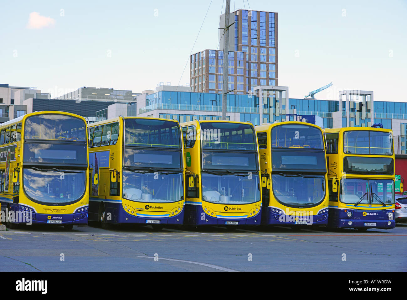 DUBLIN, IRELAND -4 MAY 2019- View of a blue public transportation bus ...