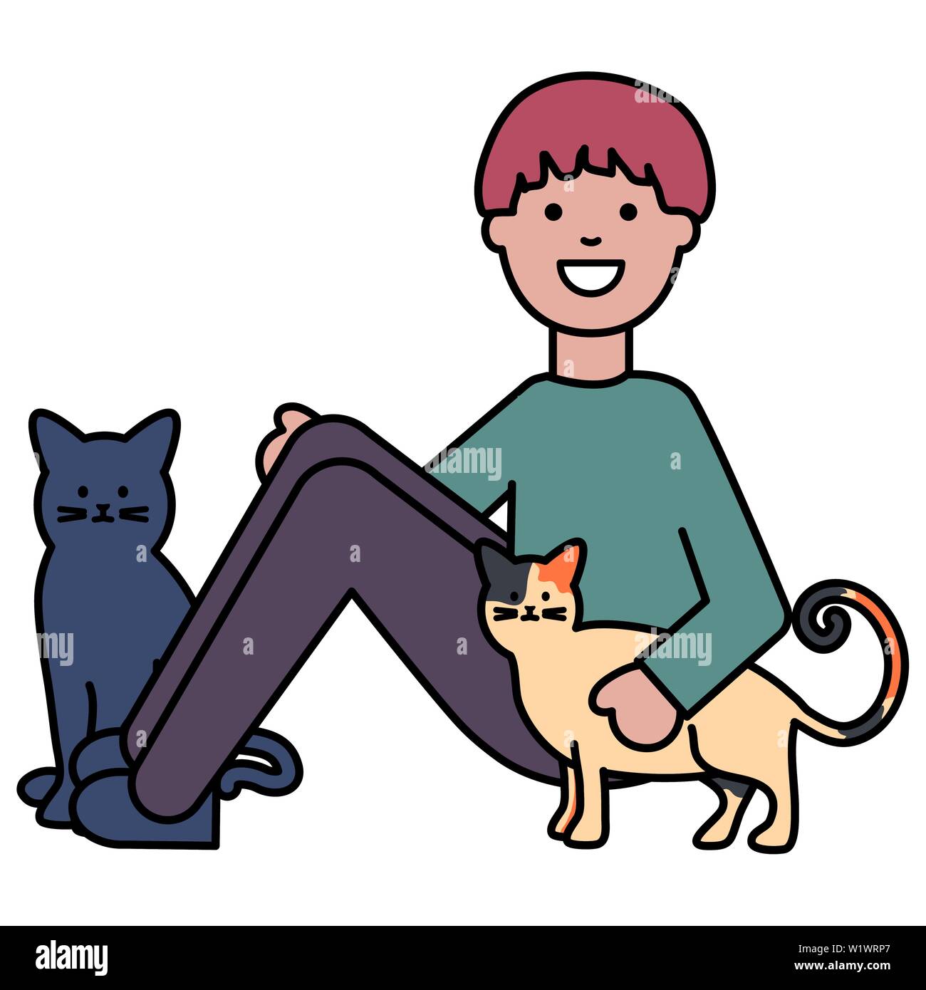 young man with cute cats mascots vector illustration design Stock ...