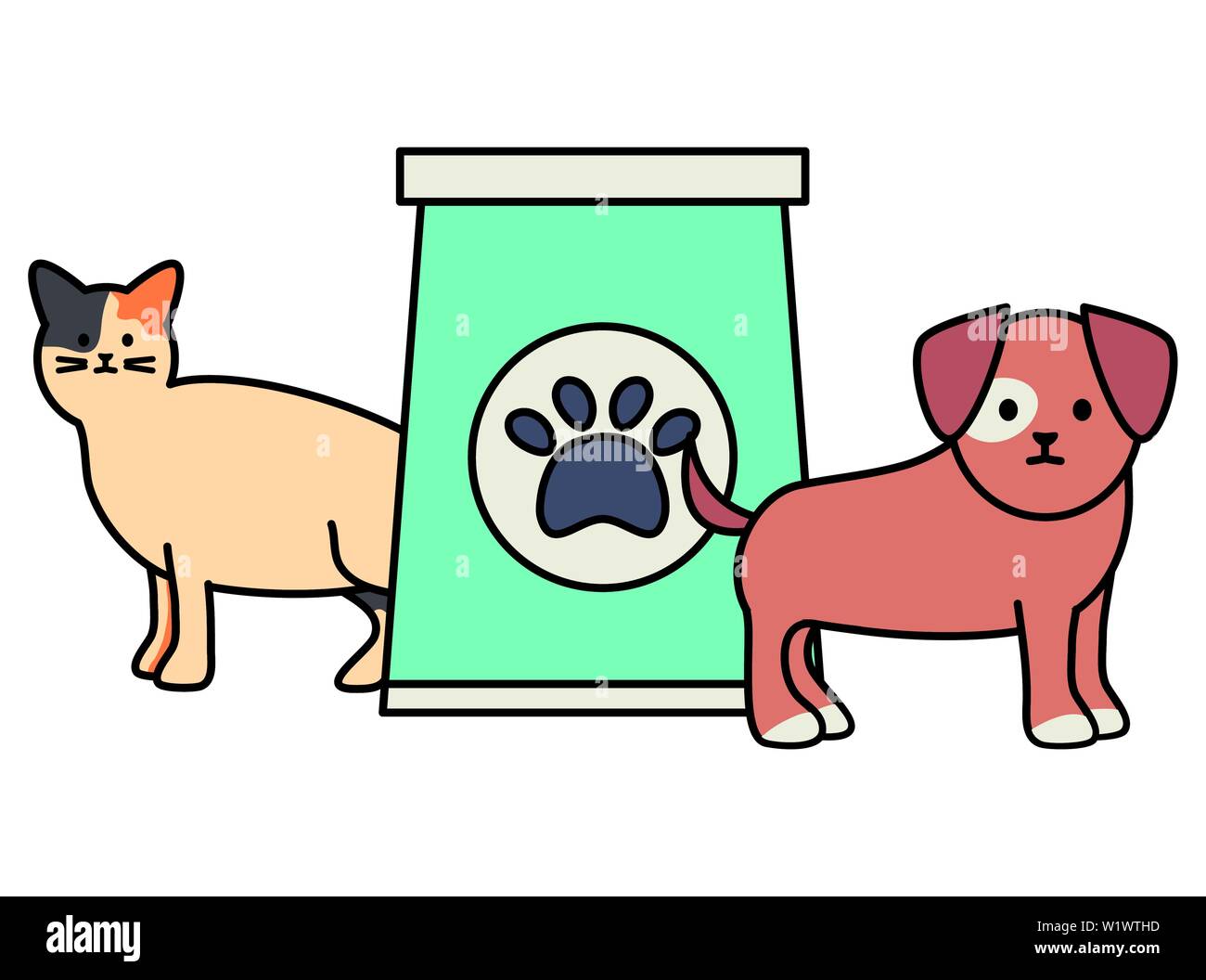 cute cat and dog mascots with food bag vector illustration design Stock ...