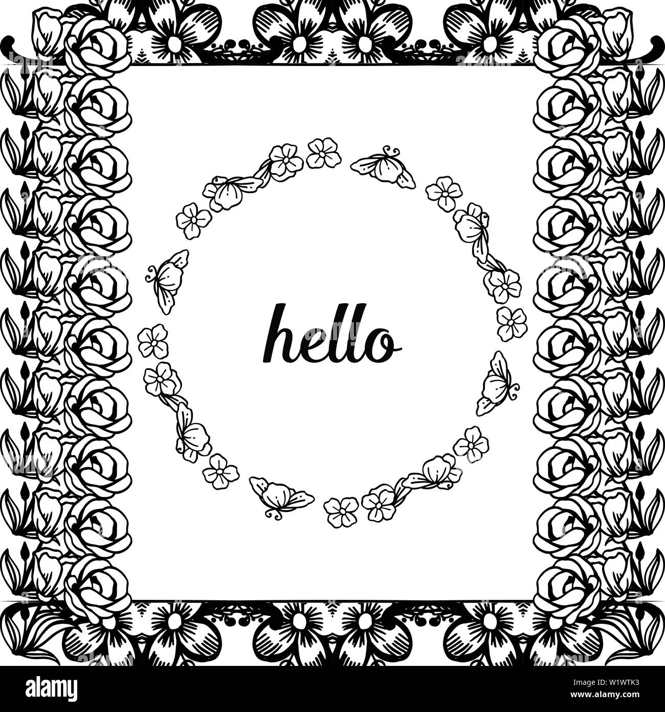 Vector illustration silhouette flower frame with various lettering ...
