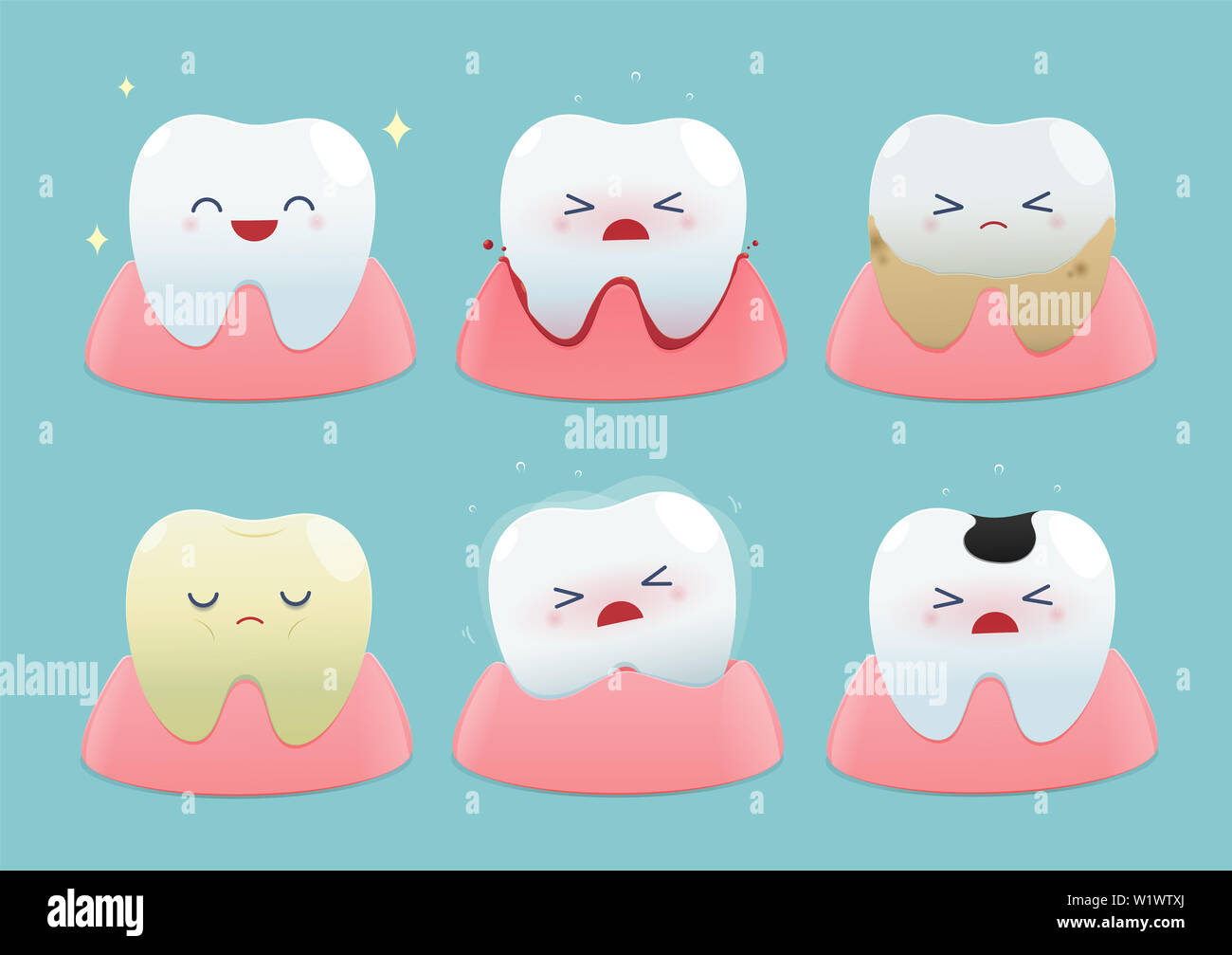 Set of cute little teeth on blue background - Total health and Dental ...