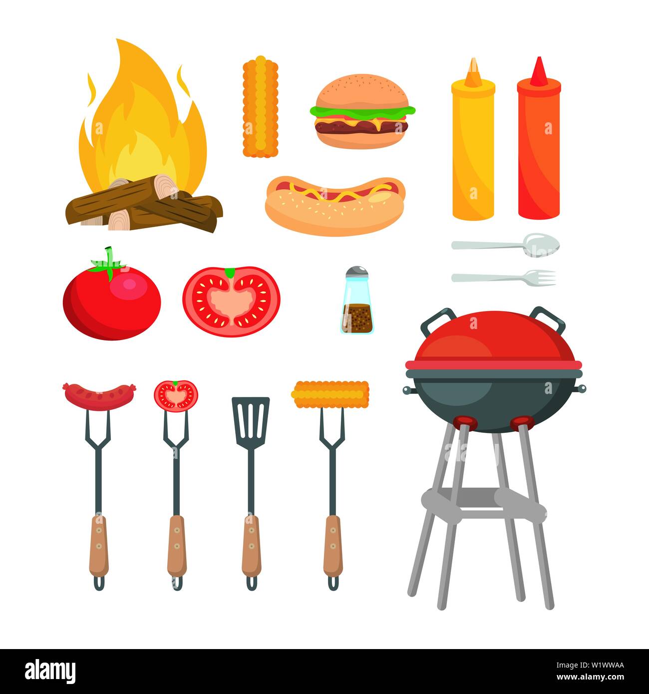 set of picnic food snack with grilled over white background, vector ...