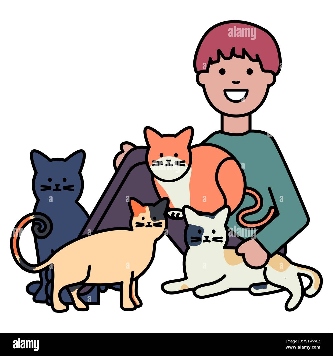 young man with cute cats mascots vector illustration design Stock ...