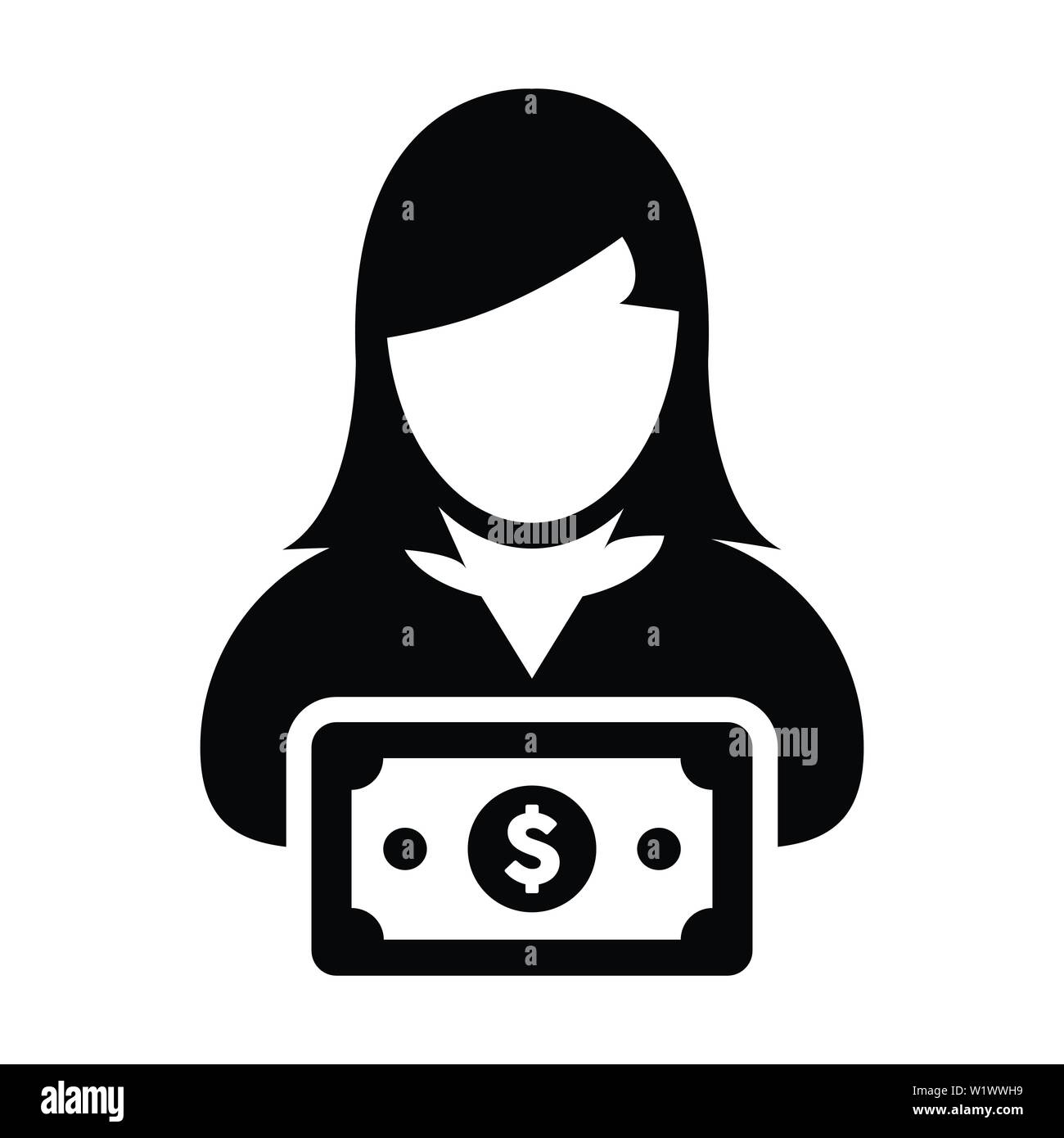 Dollar sign icon vector female user person profile avatar with currency ...
