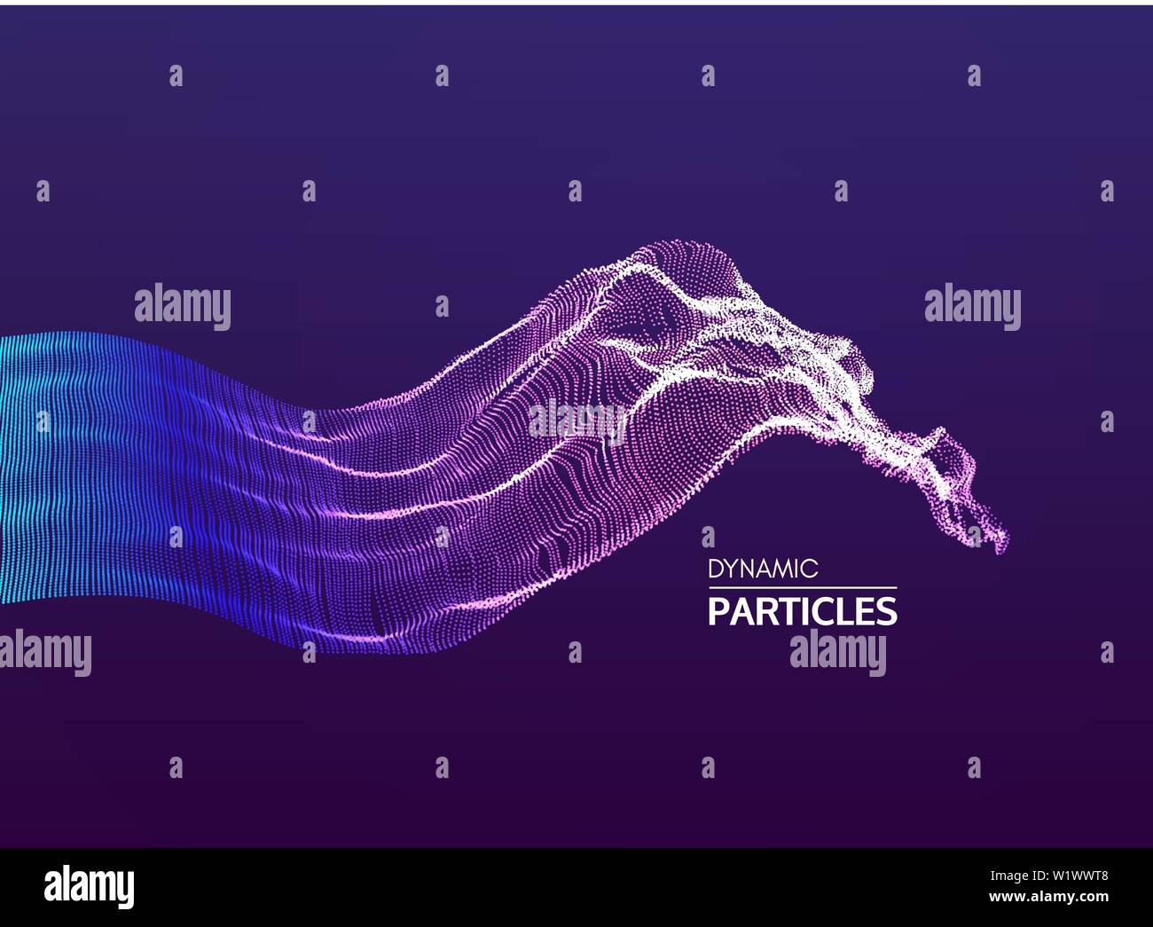 Array with dynamic emitted particles. Water splash imitation. Abstract background. Vector ...