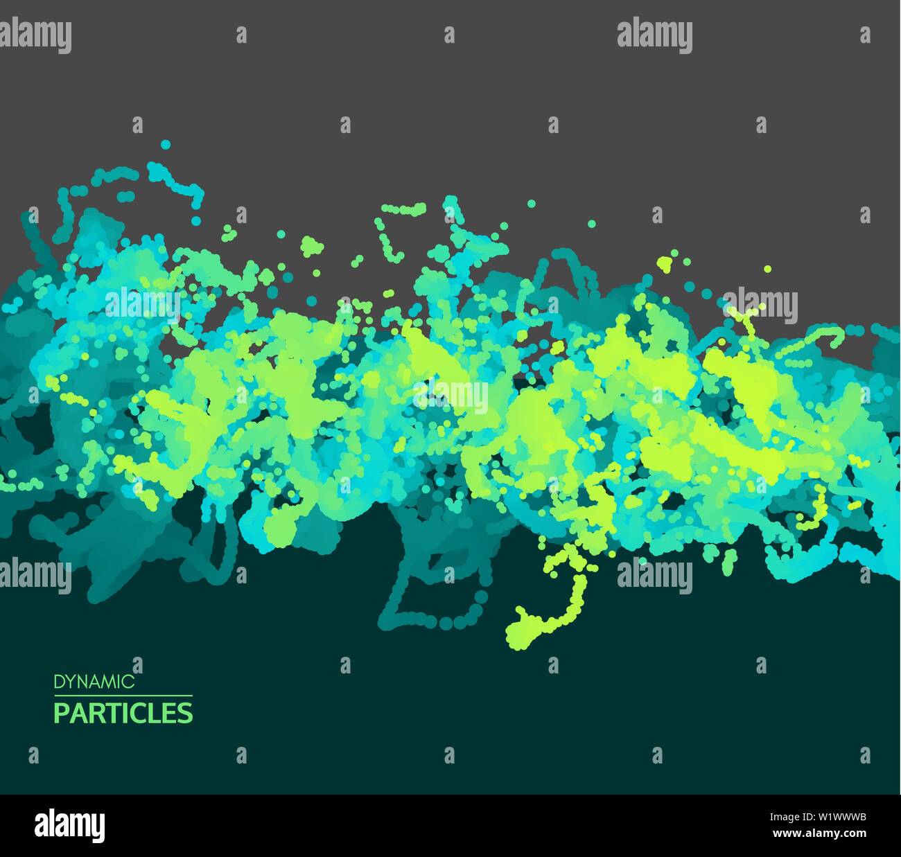 Array with dynamic emitted particles. Water splash imitation. Abstract background. Vector ...