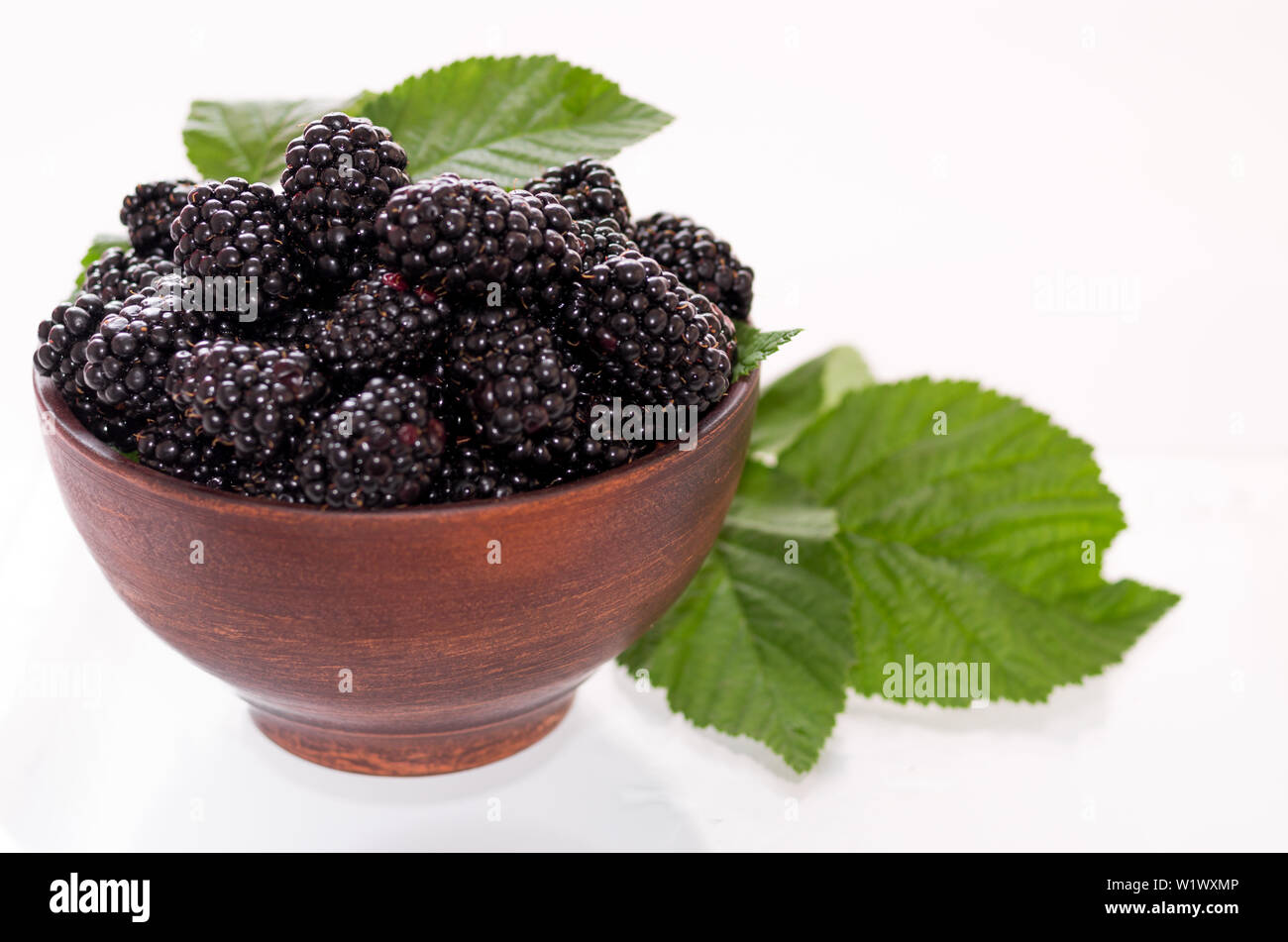 Black raspberries in a clay plate. Black raspberry and leaves. Isolate ...