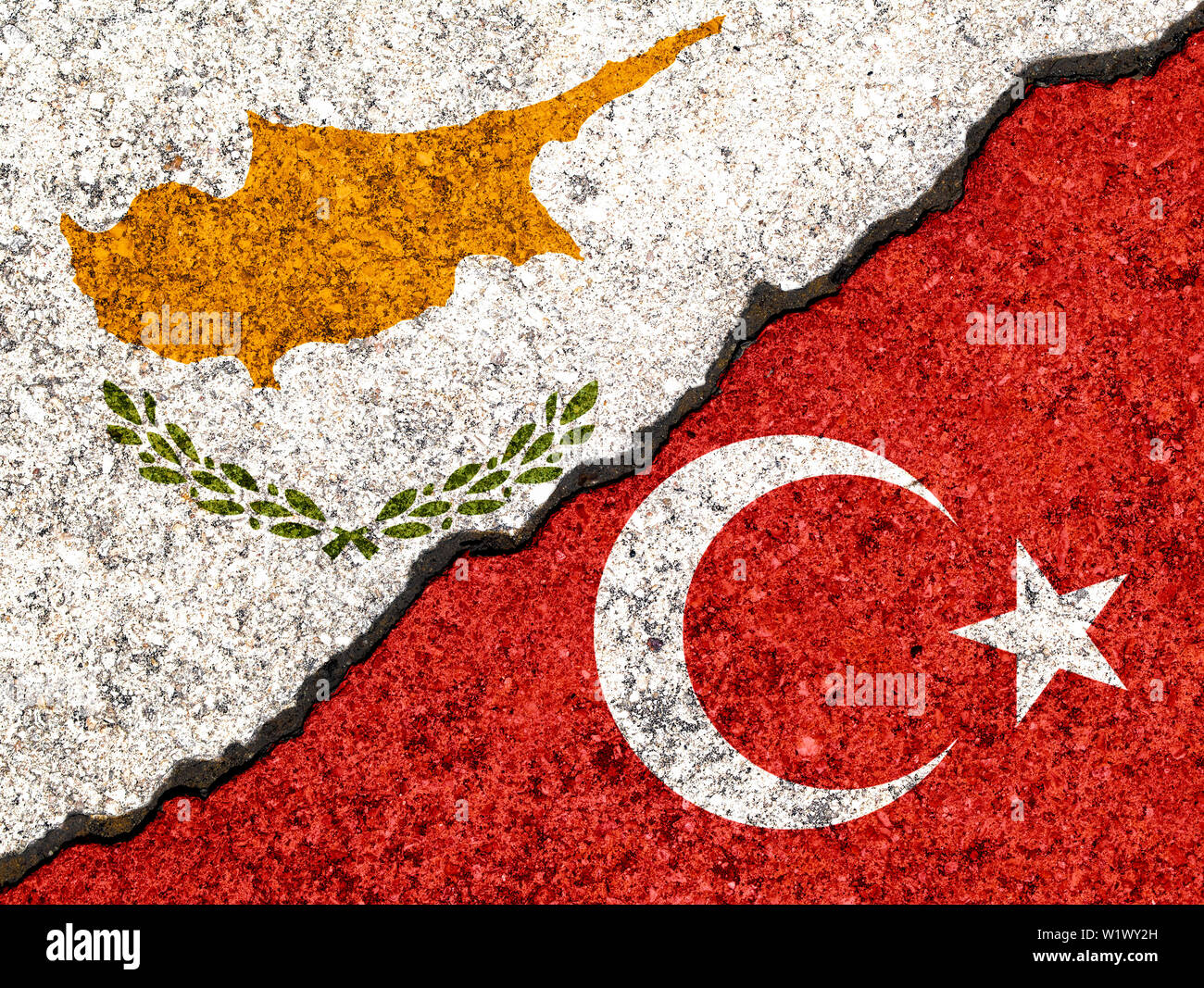 Flags of Turkey and Cyprus painted on cracked wall background/Turkey ...