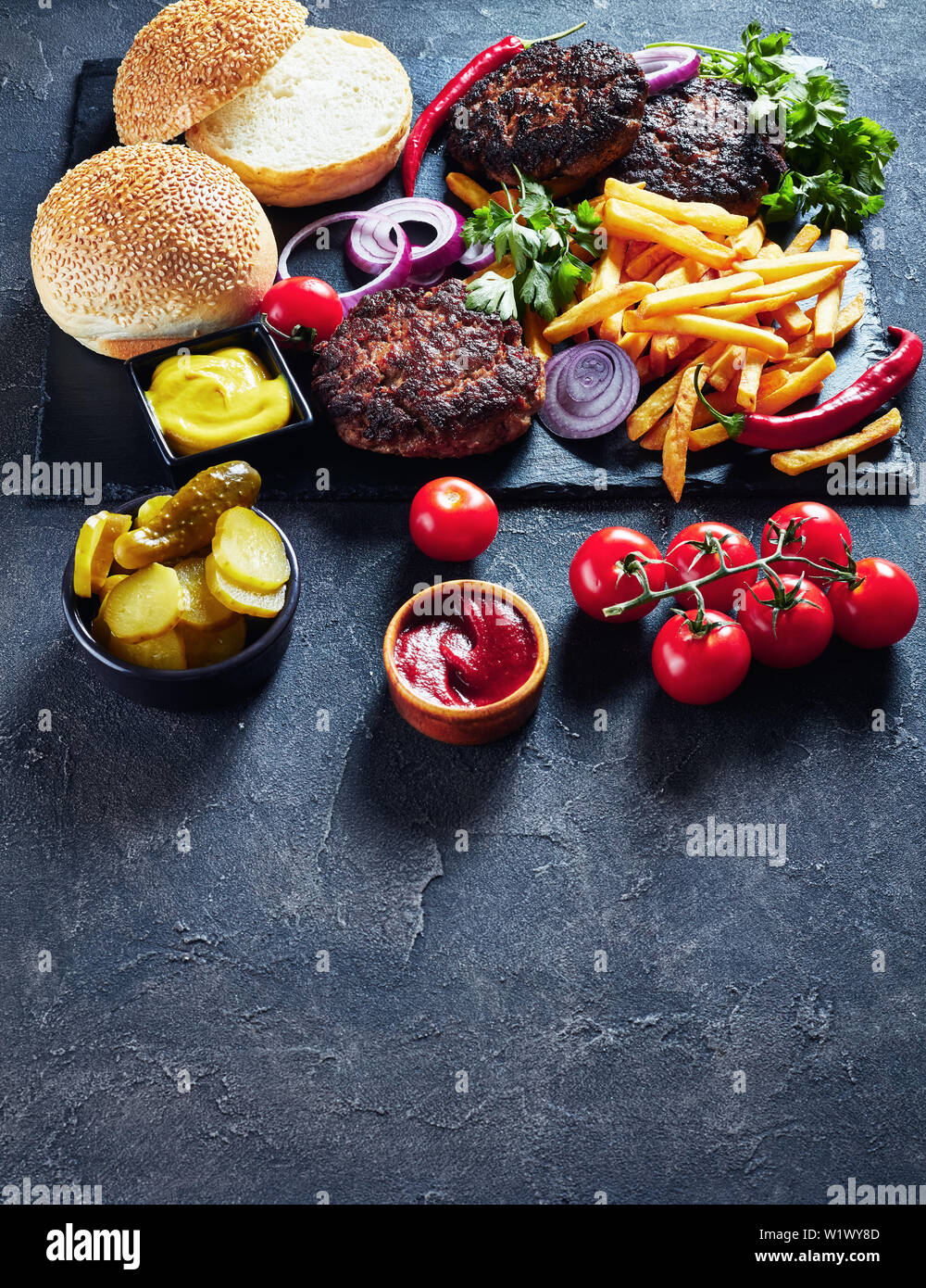 Hamburger Building Kit - freshly baked buns, fried beef burgers ...